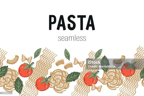 원활한 이탈리아 파스타 스파게티와 토마토 바질 테두리 손으로 그린 평면 벡터 건조한에 대한 스톡 벡터 아트 및 기타 이미지 건조한 곡초류 국수 Istock