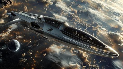 Premium Photo The Spaceship Is Sleek And Silver With A Long Pointed Nose And A Large Curved