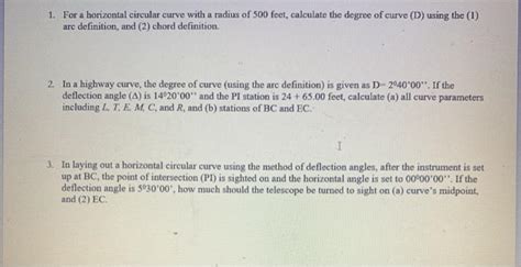solved 1 for a horizontal circular curve with a radius of