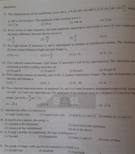 The Graph Of Fringe Width Against Slit Separation In Ydse Is A Filo