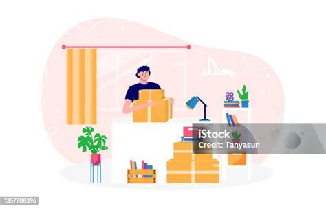 남자는 새로운 사무실 집 집을 이동합니다 사람들은 이동하고 상자에 공급을 수집합니다 소지품을 포장 하는 인물 만화 캐릭터 젊은