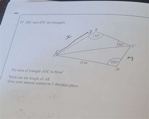 Solved 17 Abc And Adc Are Triangles The Area Of Triangle Adc Is Work Out The Length Of Ab