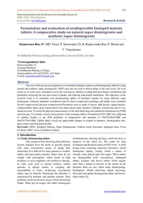 Pdf Formulation And Evaluation Of Orodispersible Enalapril Maleate Tablets A Comparative