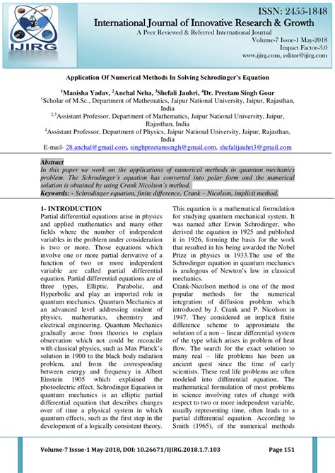 Pdf Application Of Numerical Methods In Solving Schrodingers Equation
