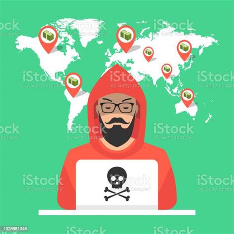 해커는 데스크톱에 앉아 노트북에 비밀 데이터를 해킹 배경에 세계지도 와 포인트 벡터 그림입니다 세계지도에 대한 스톡 벡터 아트 및 기타 이미지 Istock