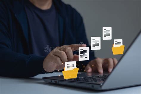 Man Hand Transferring Files In Virtual Screen For Send Of Document On