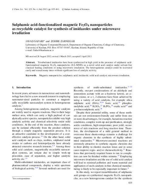 Pdf Sulphamic Acid Functionalized Magnetic Fe 3 O 4 Nanoparticles As Recyclable Catalyst For