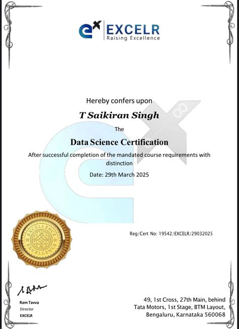 Excited To Share My Recent Certification From Excelr Solutions Data Science Program Saikiran