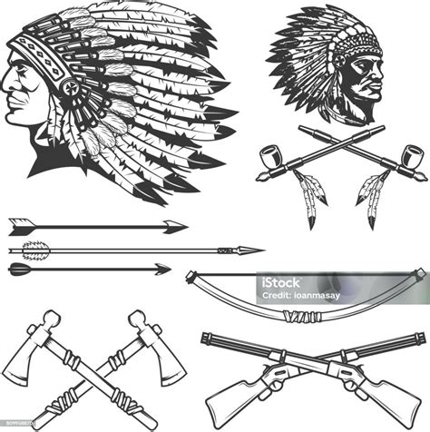 아메리카 원주민 인디언 족장 머리의 집합입니다 국가 미국 인디언 머리 장식 활 화살 담배 파이프 토마 호크 벡터 일러스트 레이 션 북미 원주민 민족에 대한 스톡 벡터 아트