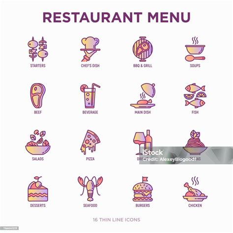 레스토랑 메뉴 얇은 라인 아이콘 세트 전채 요리사 요리 바베큐 수프 쇠고기 스테이크 음료수 물고기 샐러드 피자 와인 해산물