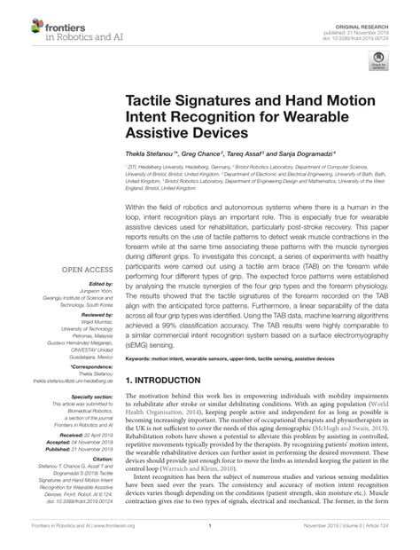 Pdf Tactile Signatures And Hand Motion Intent Recognition For Wearable Assistive Devices
