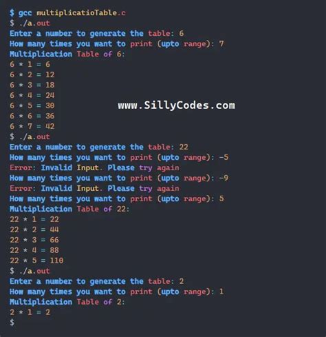 Program To Generate Multiplication Table In C Language