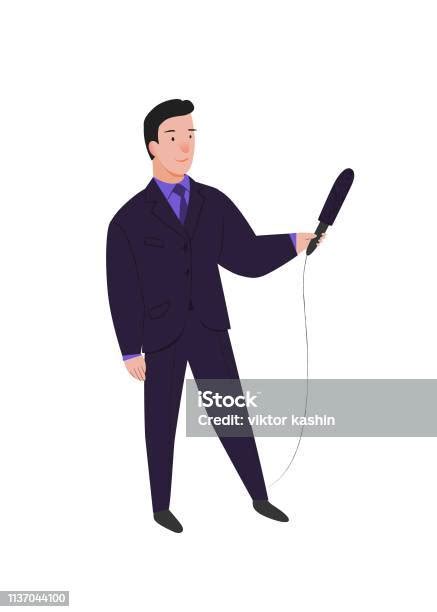 기자 손 인터뷰에서 마이크와 기자를 남자 블루 컬러의 비즈니스 정장에 서 있는 남자 흰색 배경에 고립 된 문자 그림입니다 사람 벡터 일러스트 레이 션 플랫 스타일에서입니다