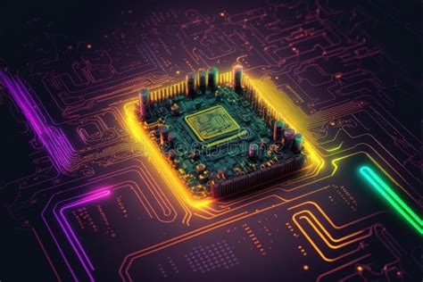 Computer Microchip Semiconductor On Motherboard Futuristic Cyber Neon Lighting Stock