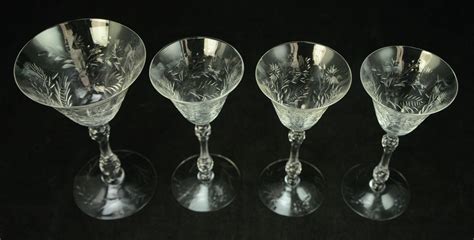 Vintage 4 Pc Delicate Flower Etched Cut Fostoria Wine Water Goblets
