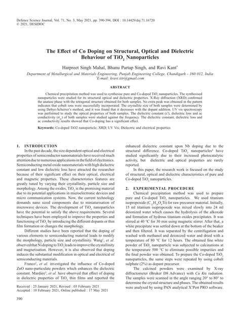 Pdf The Effect Of Co Doping On Structural Optical And Dielectric Behaviour Of Tio2 Nanoparticles