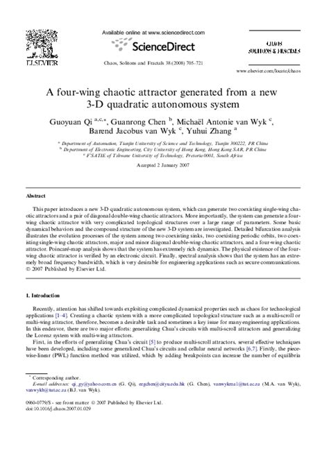 Pdf A Four Wing Chaotic Attractor Generated From A New 3 D Quadratic Autonomous System