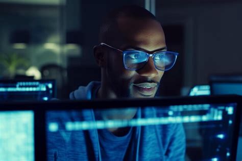 Programmer Black Man And Code Reflection In Glasses Cyber Security And
