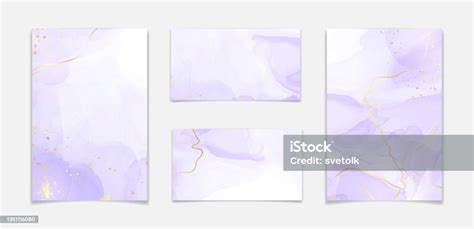 황금선이 있는 보라색 라벤더 액체 수채화 배경 파스텔 바이올렛 대리석 알코올 잉크 그리기 효과 웨딩 초대 메뉴 Rsvp에 대한 벡터 일러스트 디자인 템플릿 0명에 대한 스톡