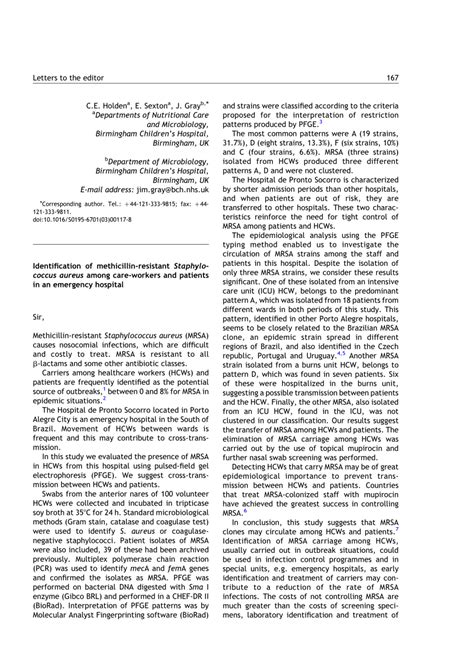 Pdf Identification Of Methicillin Resistant Staphylococcus Aureus Among Care Workers And