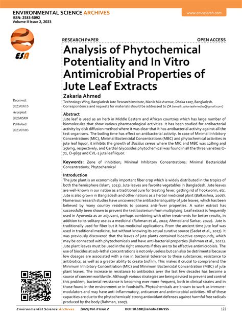 Pdf Analysis Of Phytochemical Potentiality And In Vitro Antimicrobial Properties Of Jute Leaf