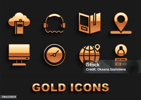 시계 위치 계정 화면 만들기 전 세계 컴퓨터 모니터 오픈 북 클라우드 온라인 라이브러리 및 헤드폰 아이콘 벡터 개념에 대한 스톡