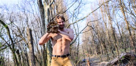 Man Brutal Lumberjack Carry Big Log On Shoulder Man Brutal Strong