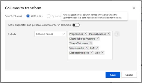 AI 900 02b Add Transformations Select Columns Remove PatientID Step