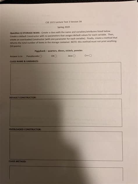 Solved Cse 1321 Lecture Test 3 Version 3a Spring 2019