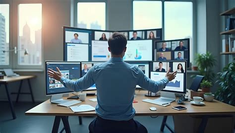busy professional balancing multiple tasks in modern setting premium