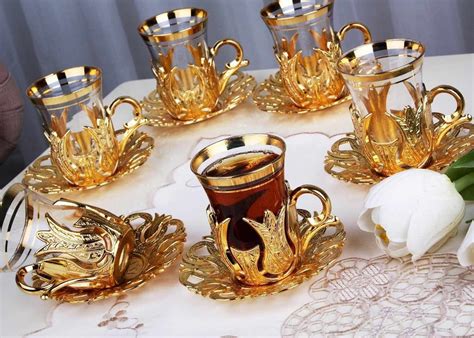 24 Pc Turkish Tea Glasses Set With Holder Handles Saucers Spoons Glass Cups Ebay