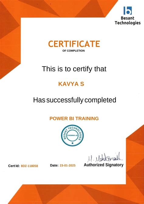 Am Exited To Announce Completion Of Power Bi Course From Besant… Kavya S