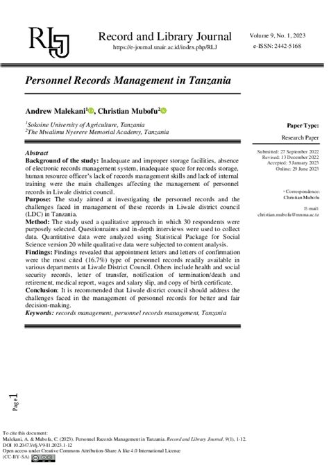 Pdf Personnel Records Management In Tanzania
