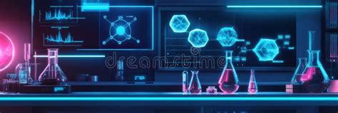 Futuristic Digital Chemistry Lab With Holographic Molecules And Neon Blue Elements For Modern