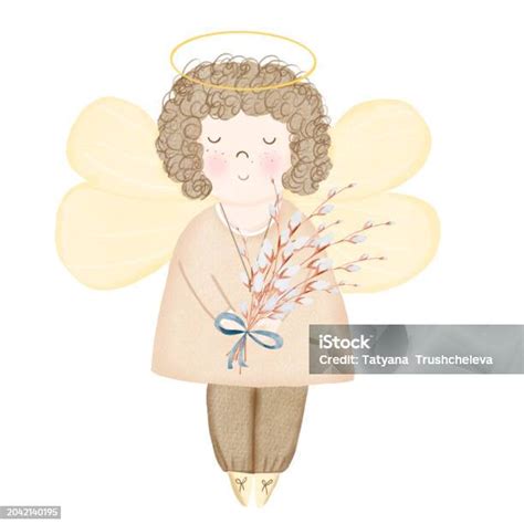 버드나무 가지와 파란 리본의 꽃다발을 가진 천사 흰색 배경에 고립된 수채화 귀여운 그림입니다 아기의 세례 출생 및 부활절을 위한 카드 및 초대장을 위한 클립 아트 만화