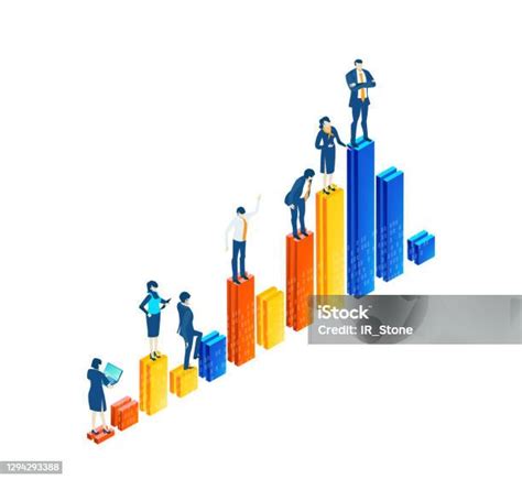 성장 차트에 서있는 비즈니스 인력과 Isometric 3d 비즈니스 환경은 성공의 상징으로 바 비즈니스 컨셉 일러스트레이션 함께