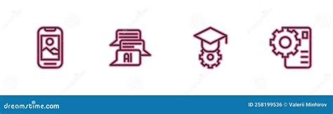Set Line Mobile Phone Graduation Cap Chat Bot And Neural Network Icon