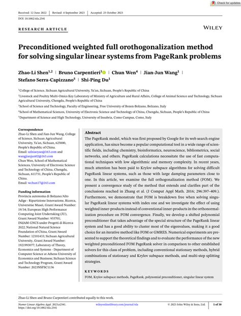 Pdf Preconditioned Weighted Full Orthogonalization Method For Solving