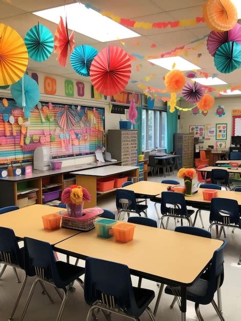 Premium Ai Image A Classroom With A Rainbow Paper Hanging From The
