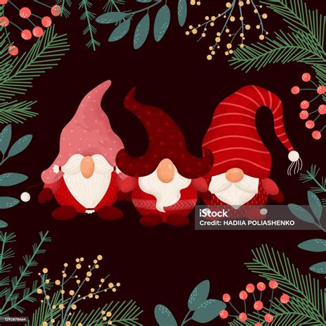 빨간 정장에 만화 노미와 엽서 단풍의 배경에 귀여운 모자에 수염 노움 크리스마스 카드 인사말 디자인에 대한 일러스트레이션 벡터 일러스트레이션 꼬마 요정에 대한 스톡 벡터