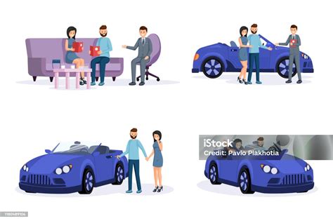 자동차 구매 프로세스 단계 그림 집합입니다 젊은 부부 고객 및 소매 에이전트 만화 캐릭터를 미소 세일즈맨과의 상담 거래 수행 신차 구매 및 운전 고객에 대한 스톡 벡터 아트