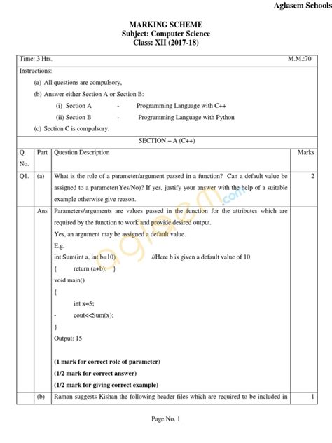 Cbse Class 12 Sample Paper Marking Scheme 2018 Computerscience