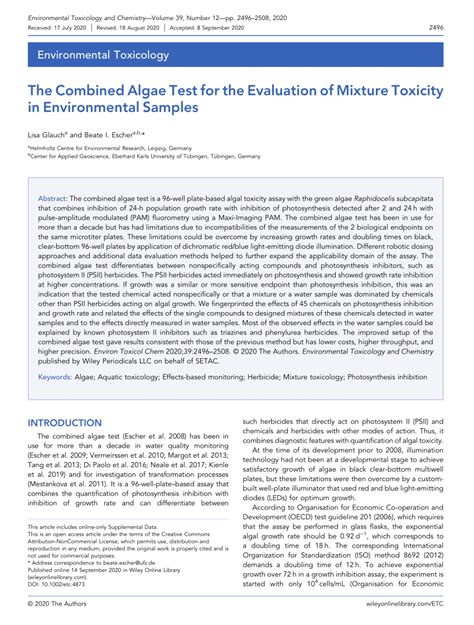 Pdf The Combined Algae Test For The Evaluation Of Mixture Toxicity In