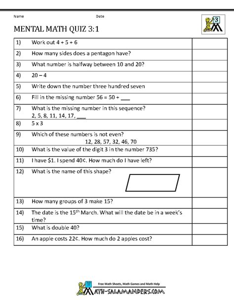Mental Math Quiz 3rd 1 Math Name Date Mental Math Quiz 3 1 Work Out 4 5 6 2 How Many