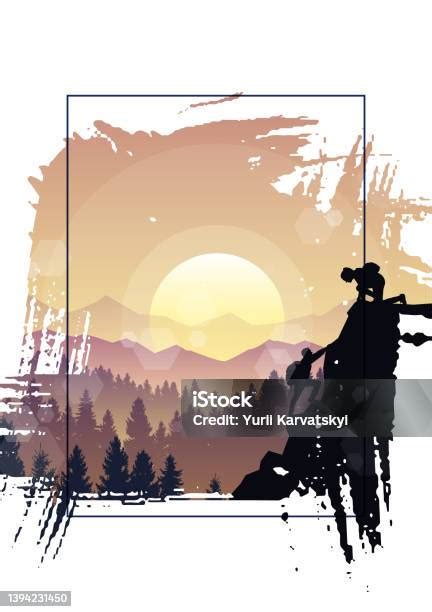 산 풍경 브러쉬 선의 프레임입니다 하이킹 모험 자연을 발견하고 탐험하고 관찰하는 여행 개념 다각형 미니멀 그래픽 플랫 디자인 여행 그림 경관에 대한 스톡 벡터 아트 및 기타