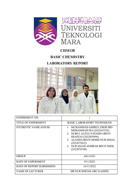 Chm138 Lab Report Chm 138 CHM BASIC CHEMISTRY LABORATORY REPORT
