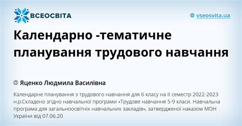 Календарно тематичне планування трудового навчання КТП Трудове навчання