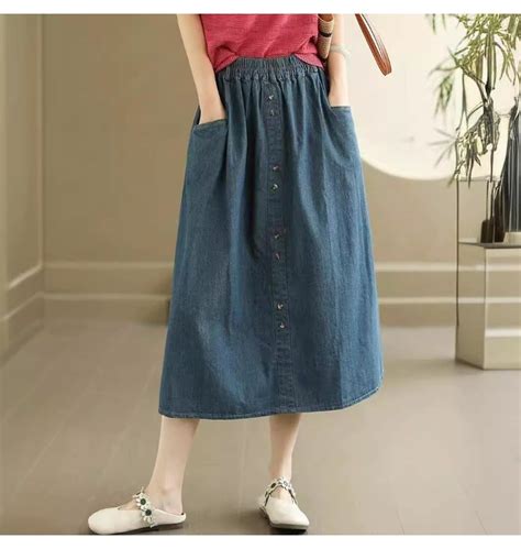 마이클로드 여성치마 여름 빈티지 워싱 면 데님 허리밴딩 A라인 미디 단추 스커트 Ador2 티몬