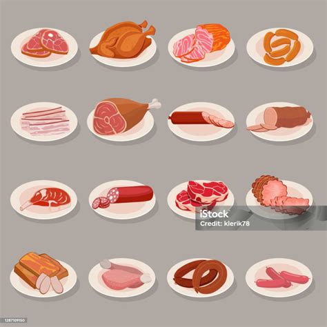 접시에 고기 제품의 세트 로스트 치킨과 프라임 립 소시지 살라미 햄 접시에 대한 스톡 벡터 아트 및 기타 이미지 접시 햄 소시지 Istock