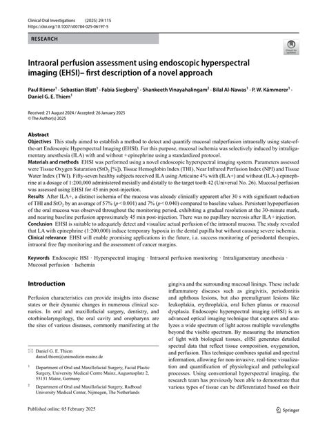 Pdf Intraoral Perfusion Assessment Using Endoscopic Hyperspectral Imaging Ehsi First